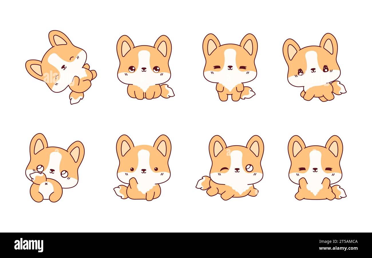 Set of Kawaii Isolated Corgi Dog. Collection of Vector Cartoon Puppy ...