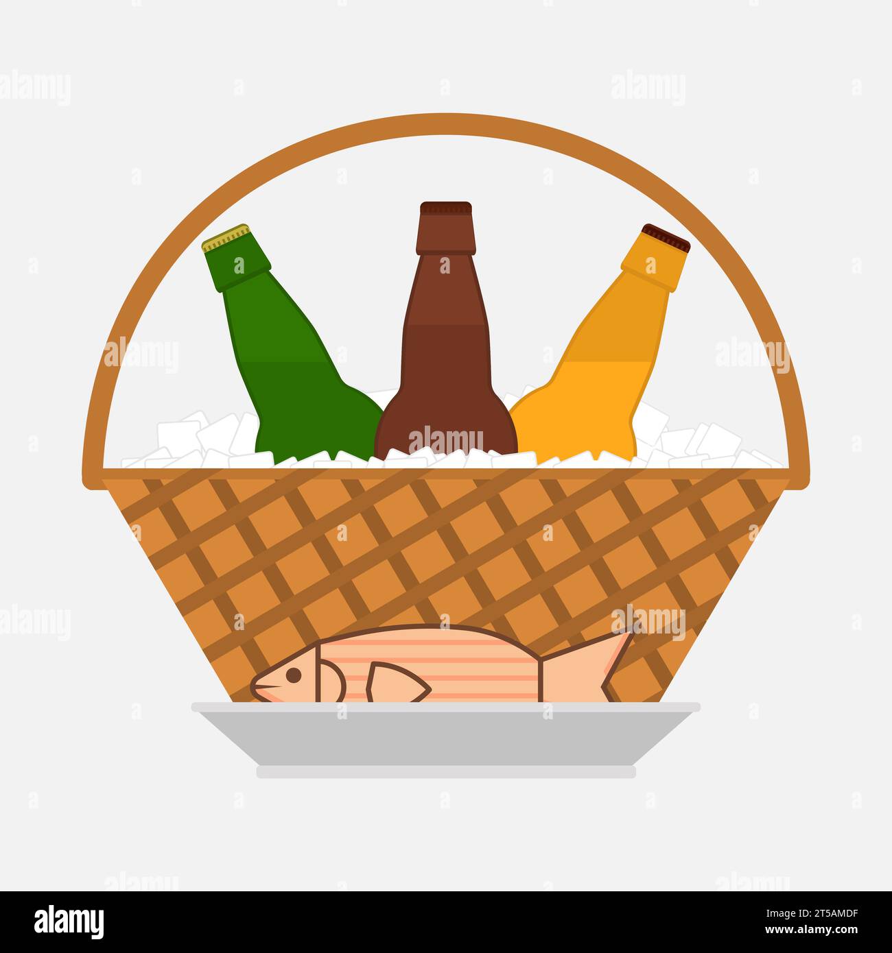 Bottles of beer in a wicker basket with ice cubes and fish on a plate ...