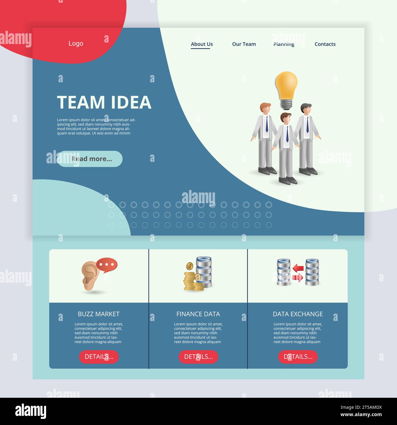 Team idea flat landing page website template. Buzz market, finance data ...