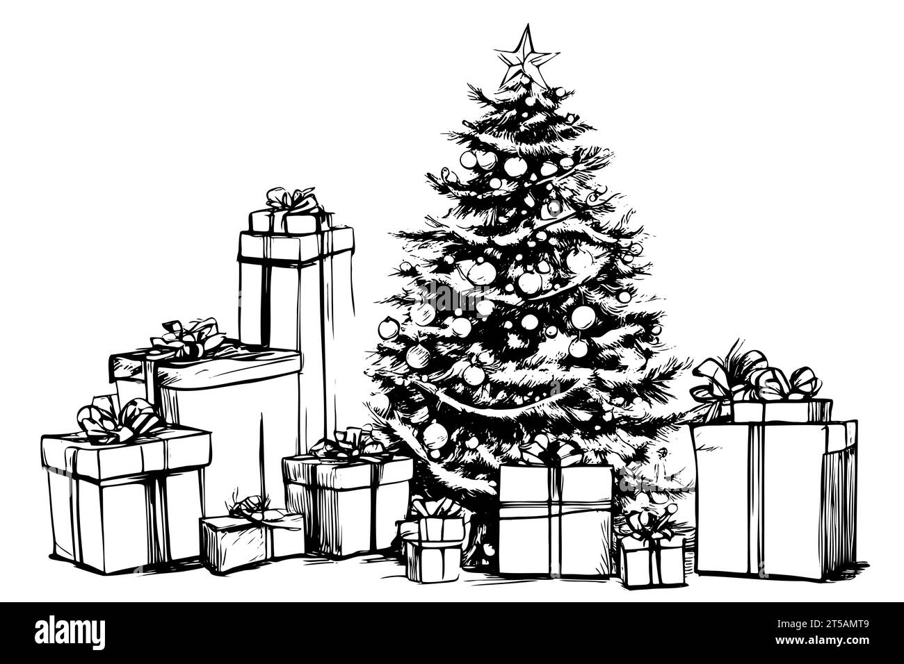 Hand drawn Christmas tree gift boxes drawing, etching, ink, line art ...