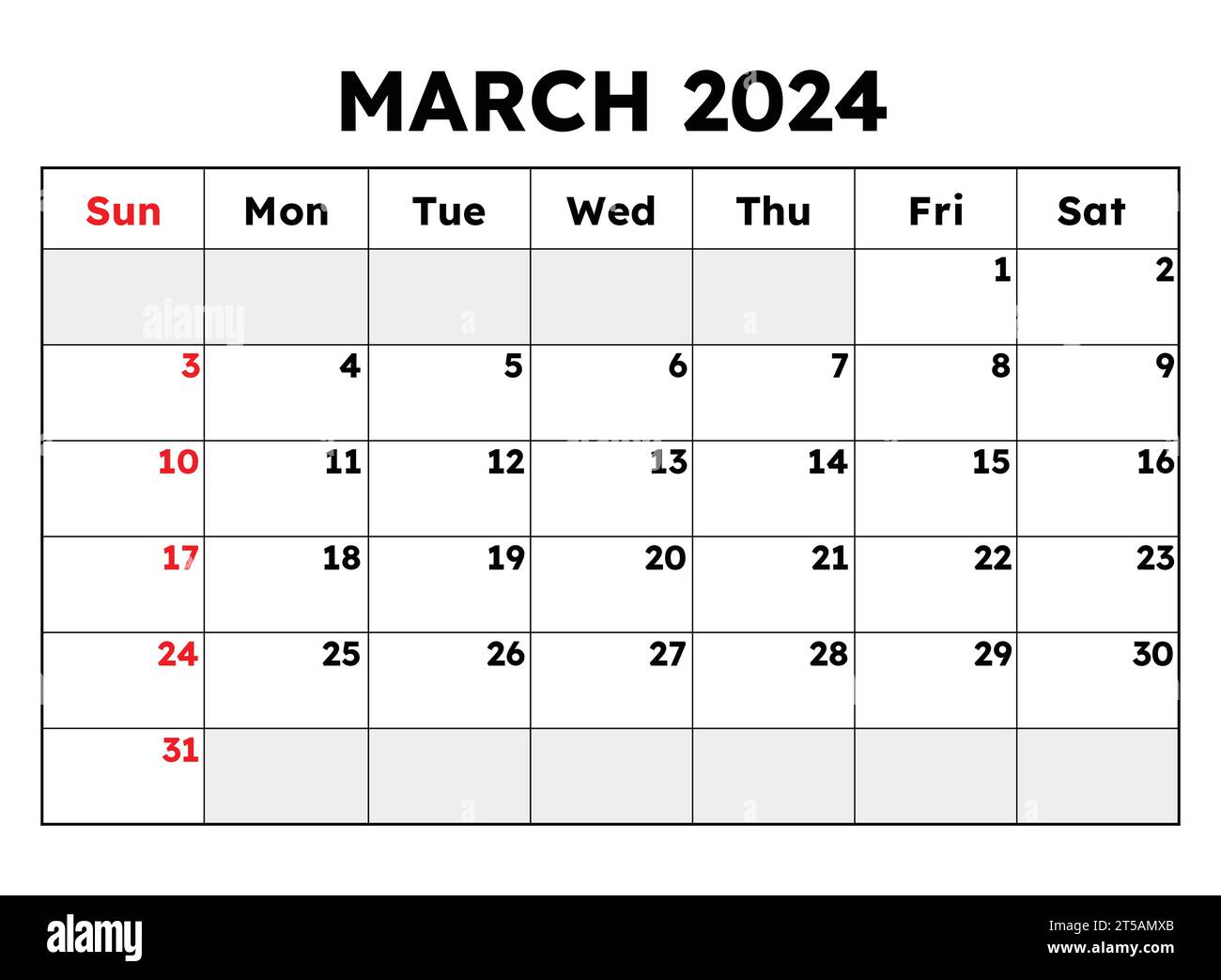 March 2024 calendar page Stock Vector Images - Alamy