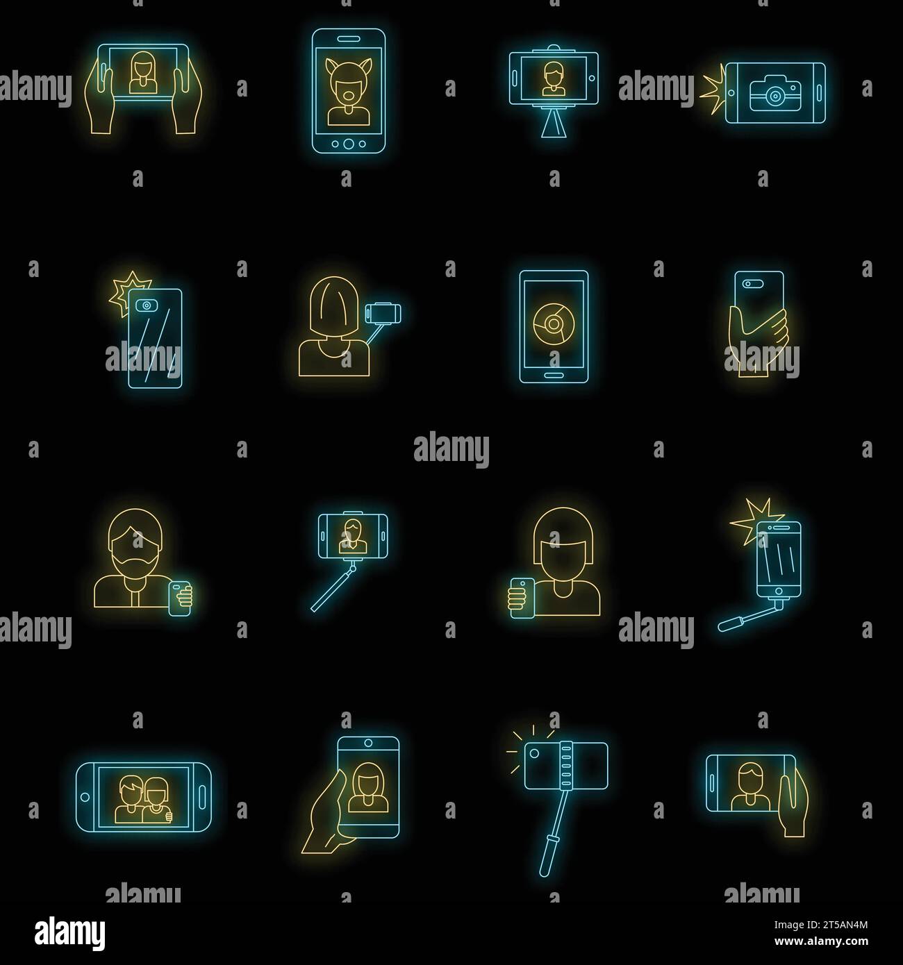 Selfie video photo people posing icons set. Outline illustration of 16 ...