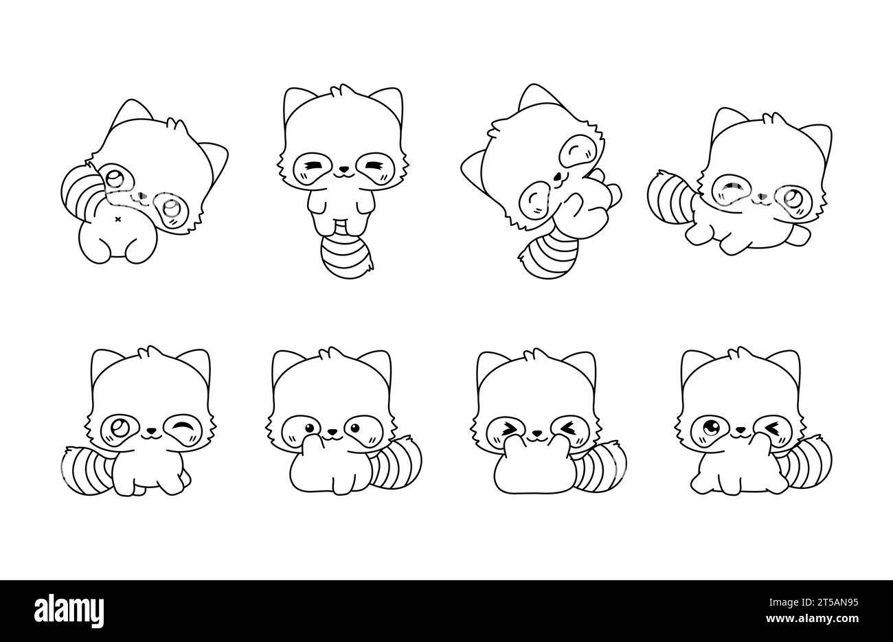 Set of Kawaii Isolated Raccoon Coloring Page. Collection of Cute Vector ...