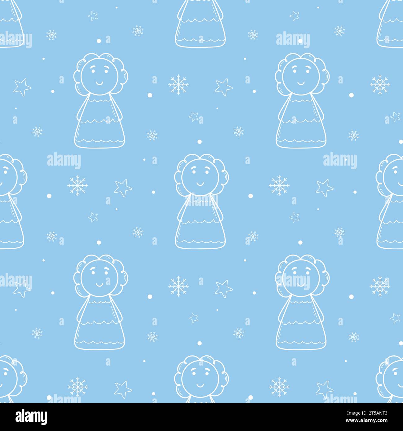 Cute curly angel winter seamless pattern. Little girl with stars and ...