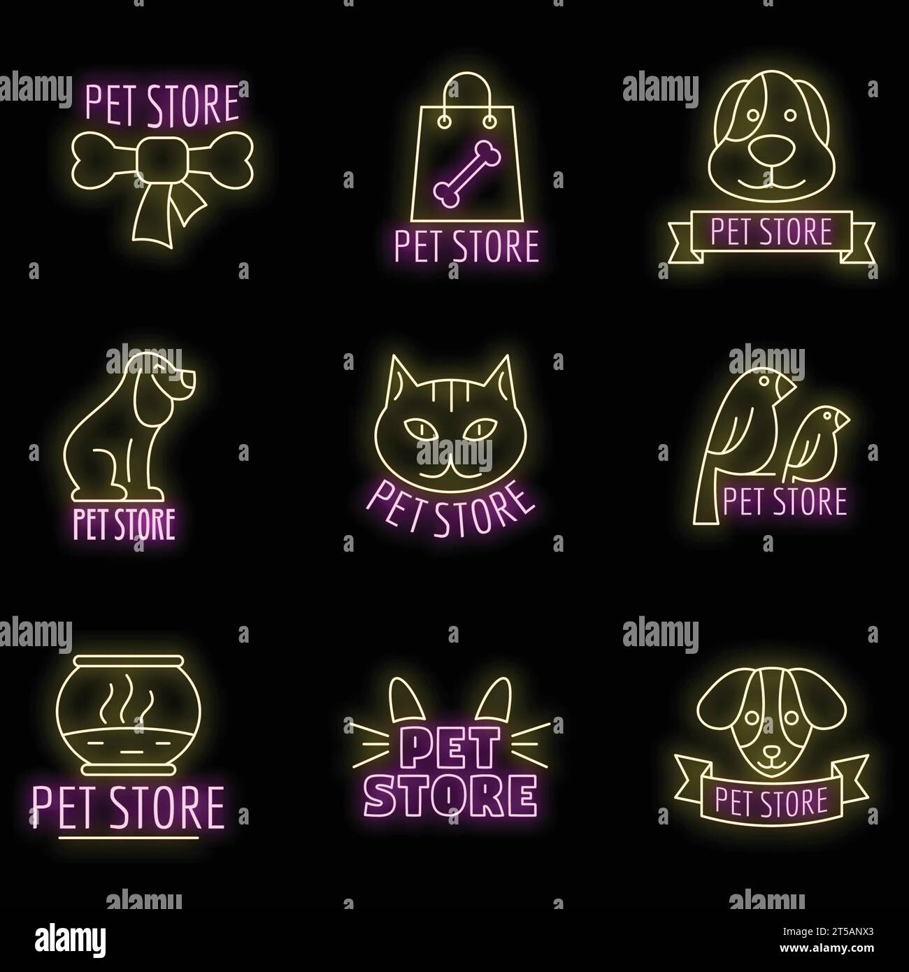 Zoo pet shop logo set. Outline set of zoo pet shop vector logo neon ...