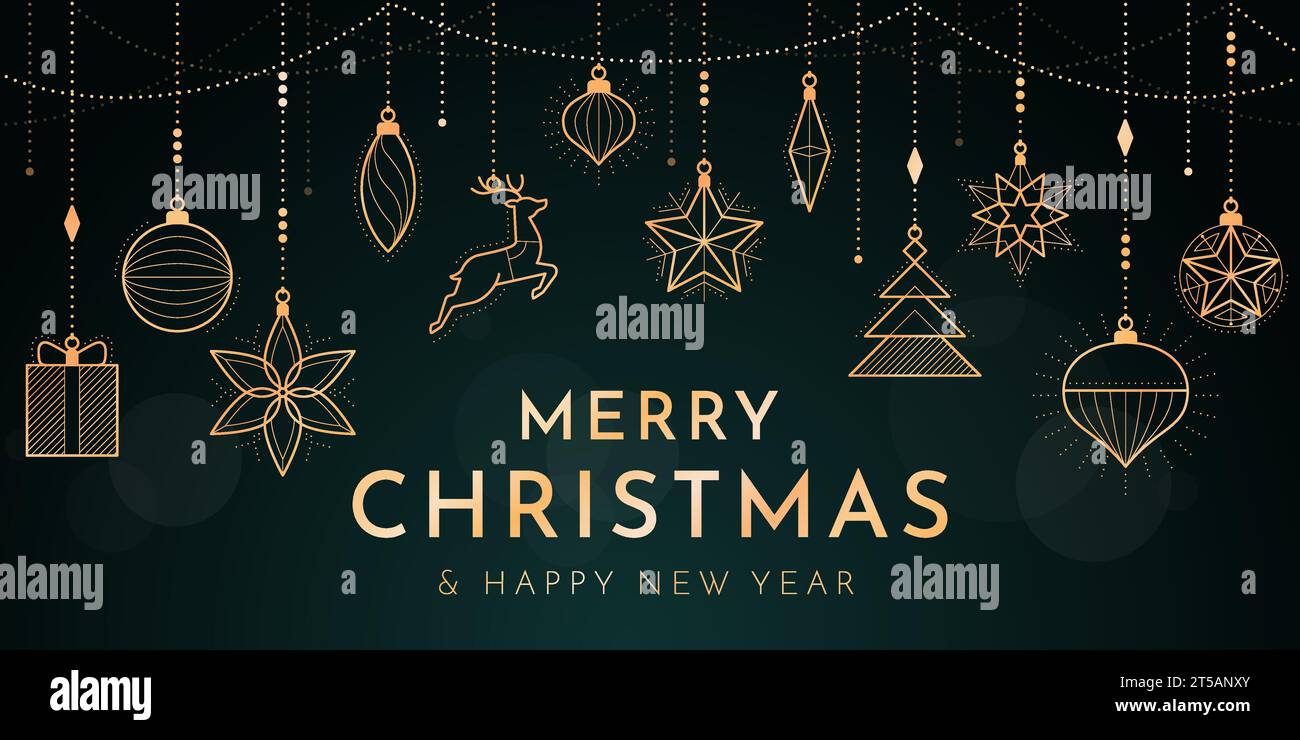 Christmas and Happy New Year banner with hanging luxury golden ...