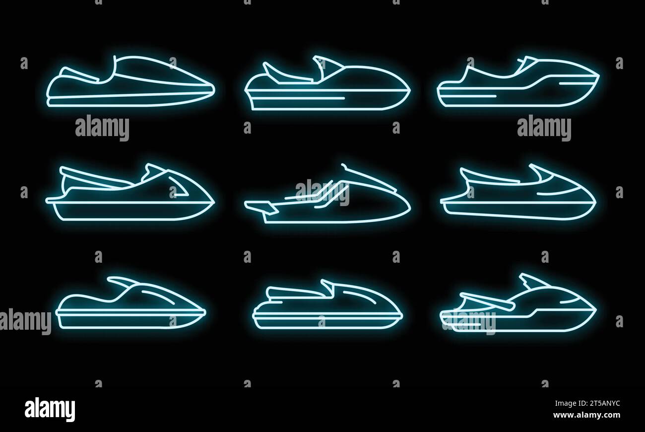 Race jet ski icons set. Outline set of race jet ski vector icons neon ...