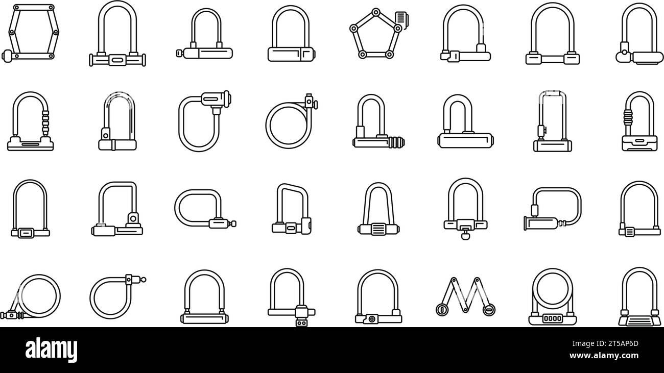 Cycling lock icons set outline vector. Smart bike lock. Bracing alarm ...