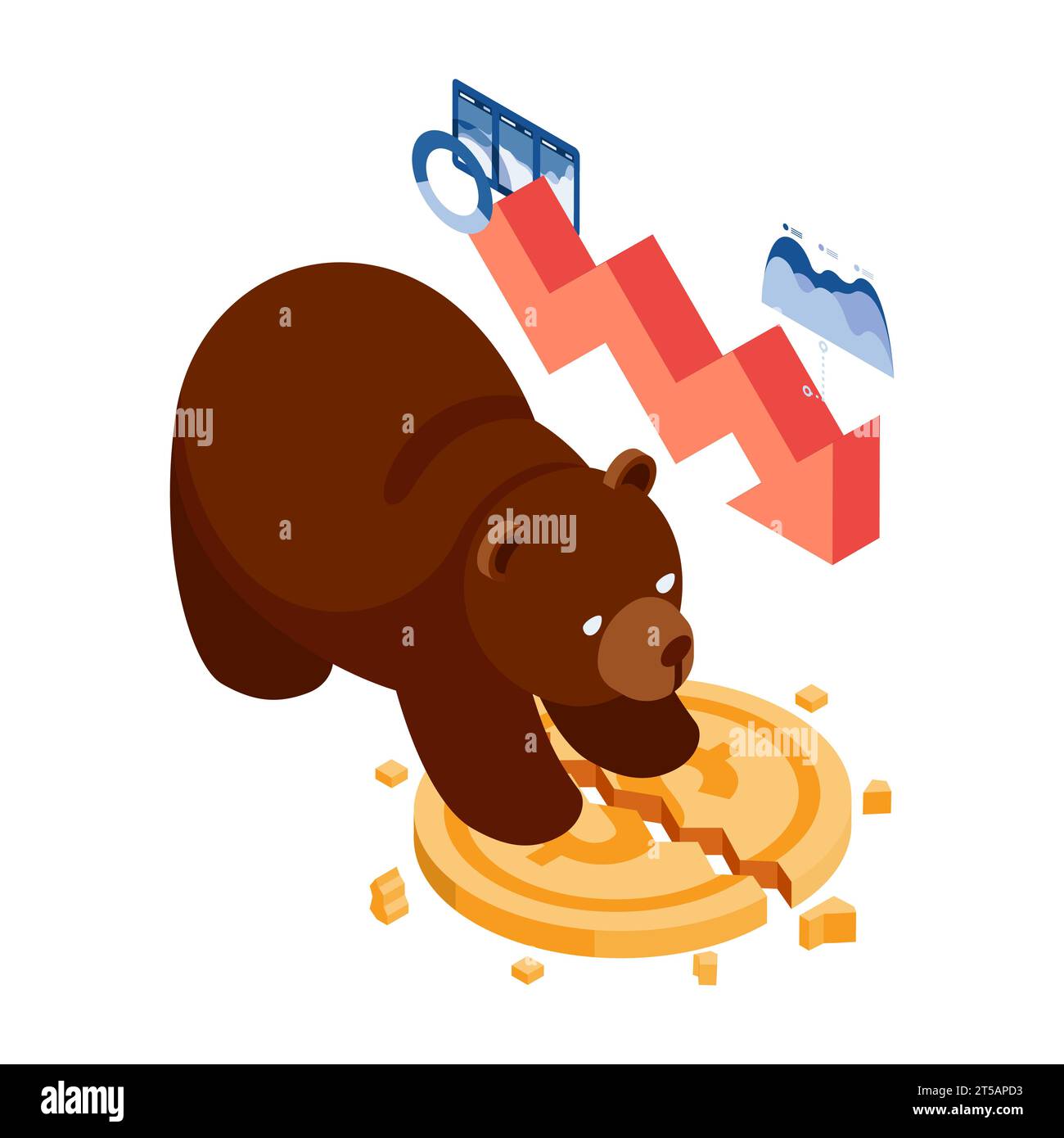 Flat 3d Isometric Bear Destroy Dollar Coin with Falling Graph. Bearish ...