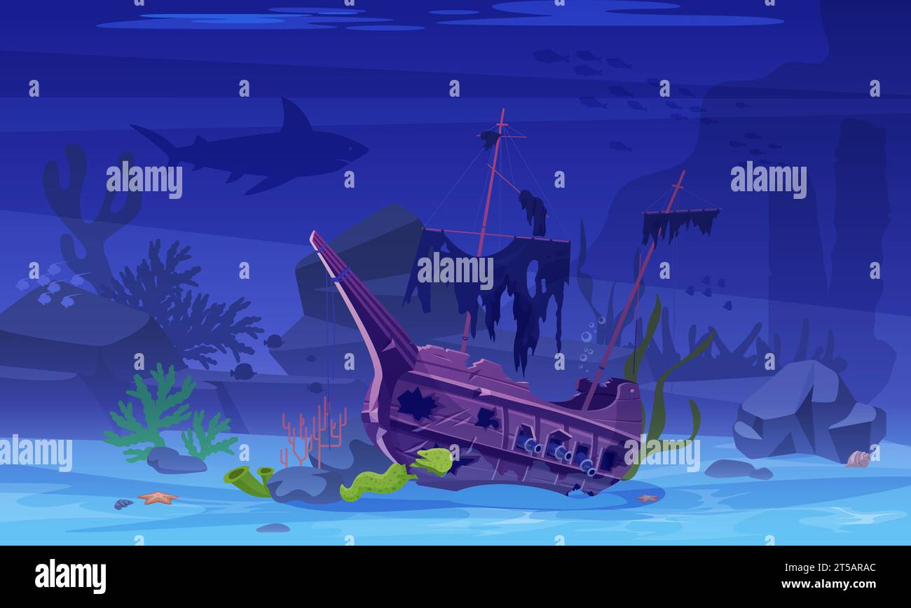 Sunken pirate ship on sea or ocean bottom vector illustration. Cartoon ...