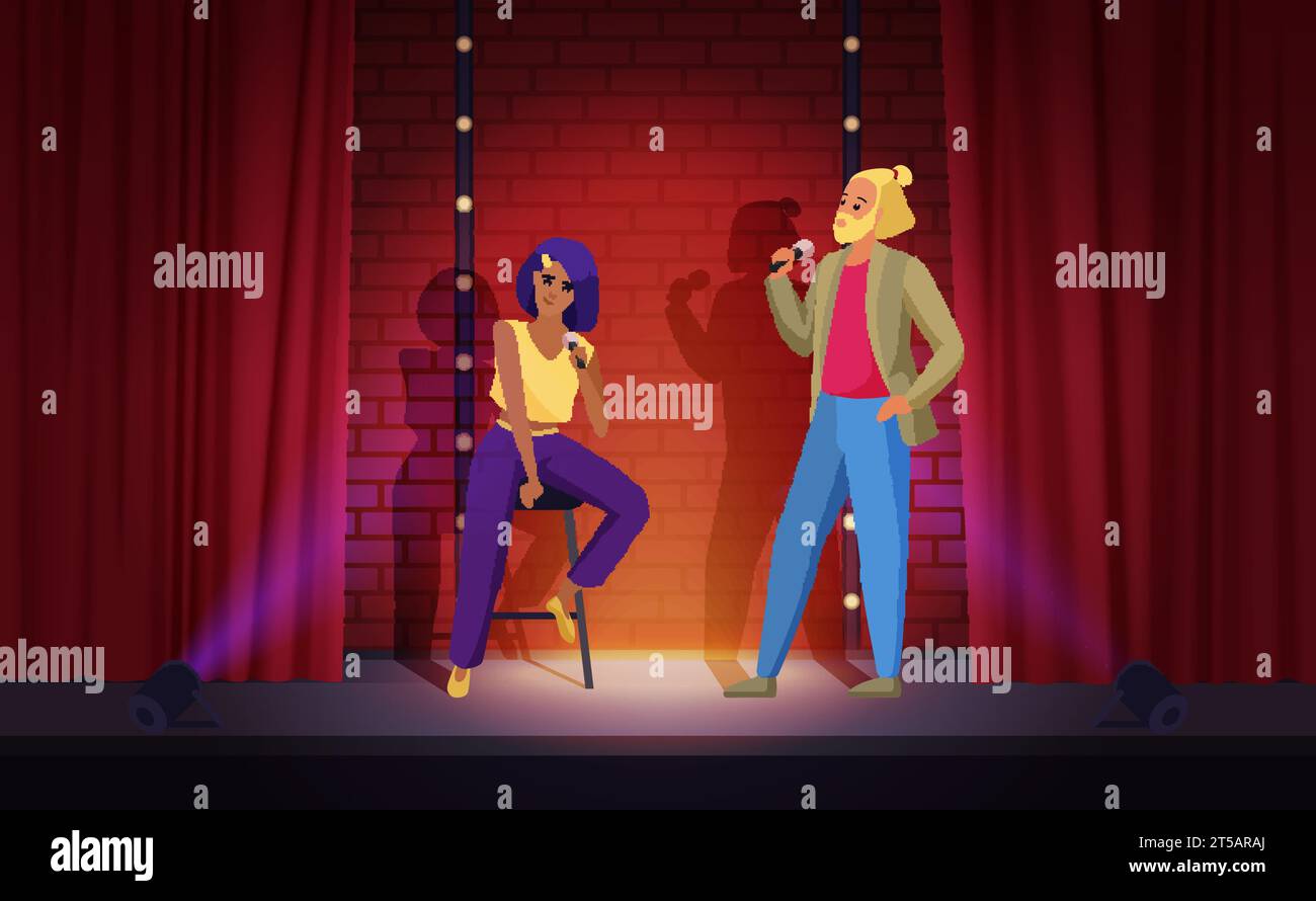 Stand up comedy concept with male and female comedians vector ...