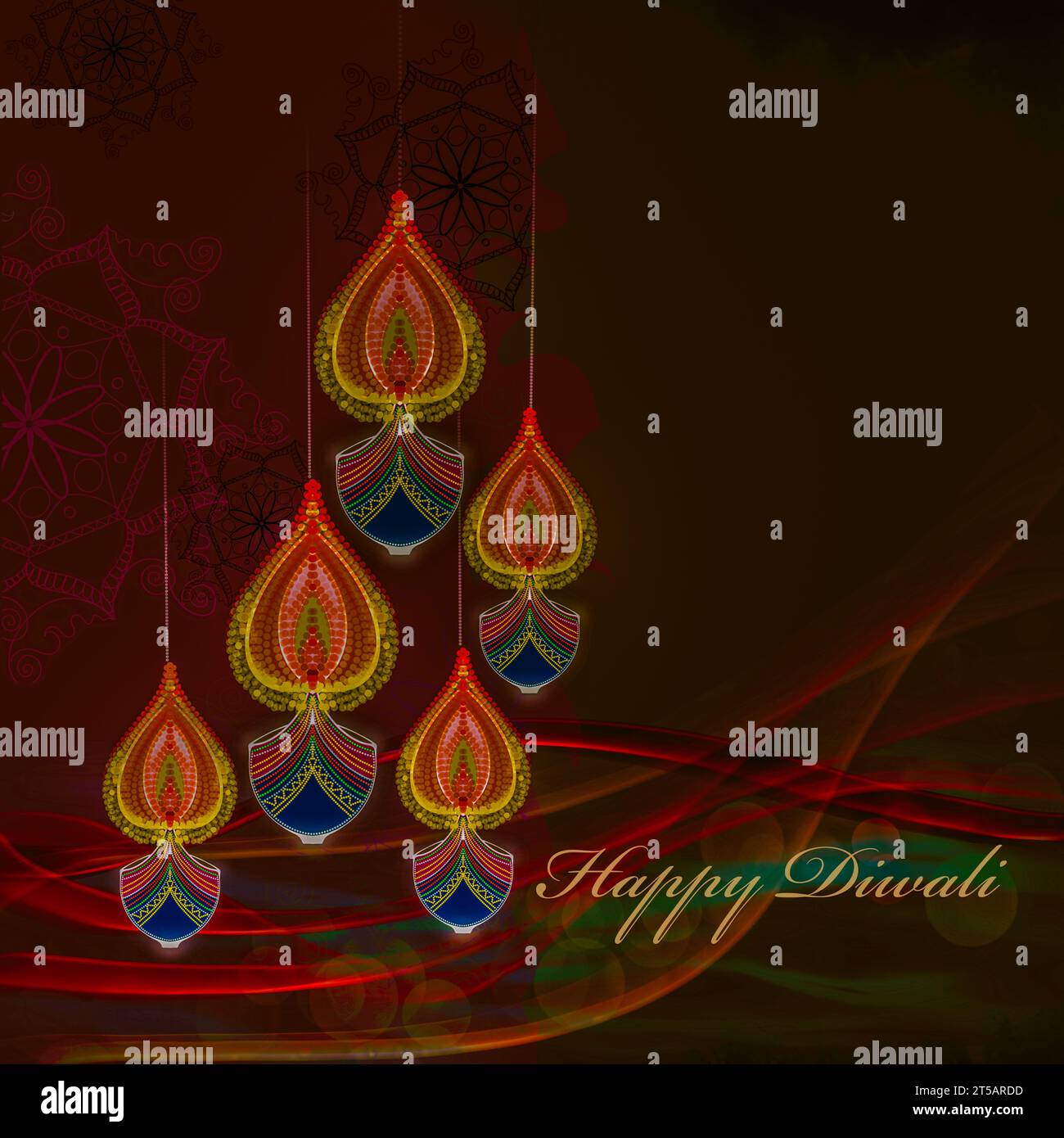 Happy Diwali greetings Artwork in various bright colours and diya lamp ...