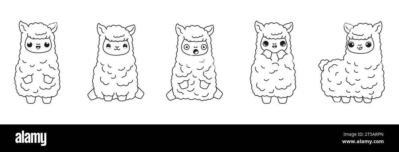 Collection of Vector Cartoon Alpaca Coloring Page. Set of Kawaii ...