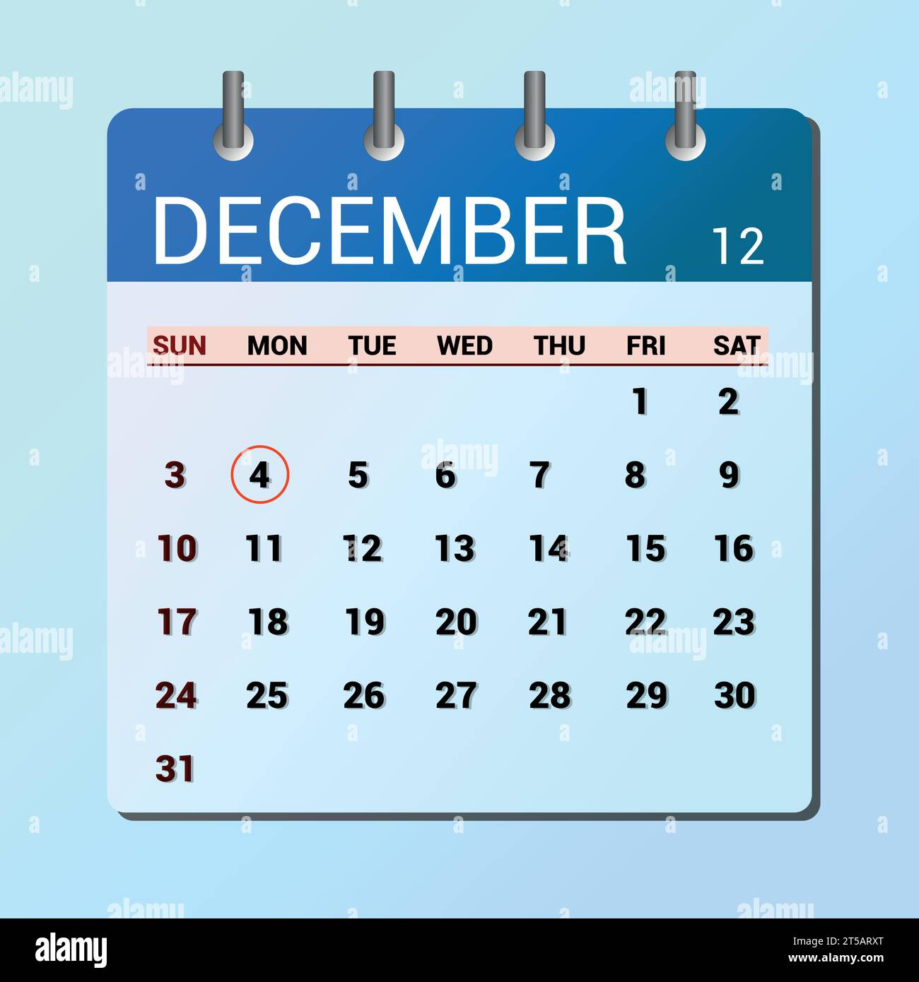 December 4. Flat icon calendar isolated on blue background. Date and ...