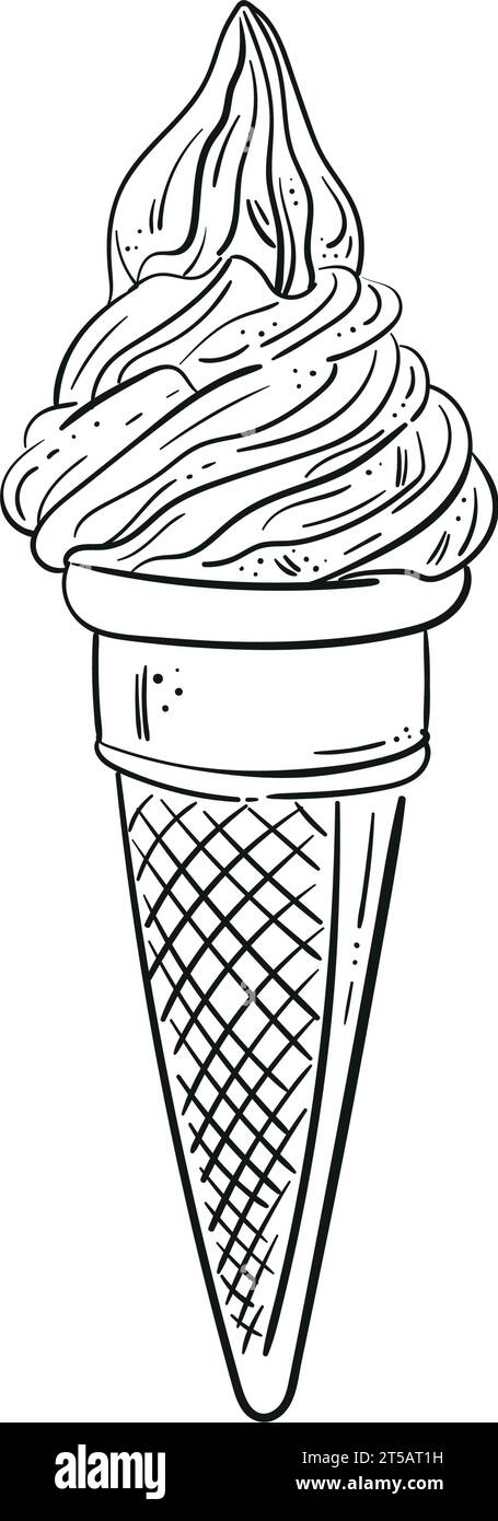 Ice cream cone line art sketch black and white. Coloring page hand ...