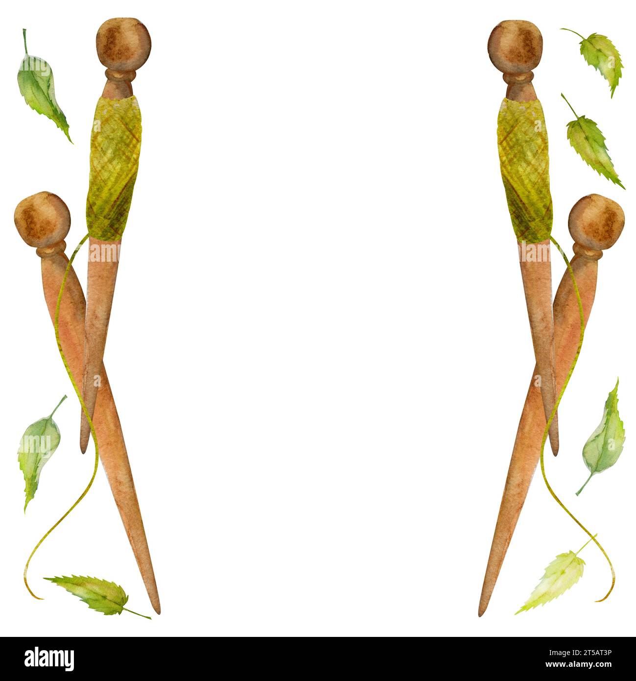 Hand drawn watercolor wooden spindle with thread and nettle green ...