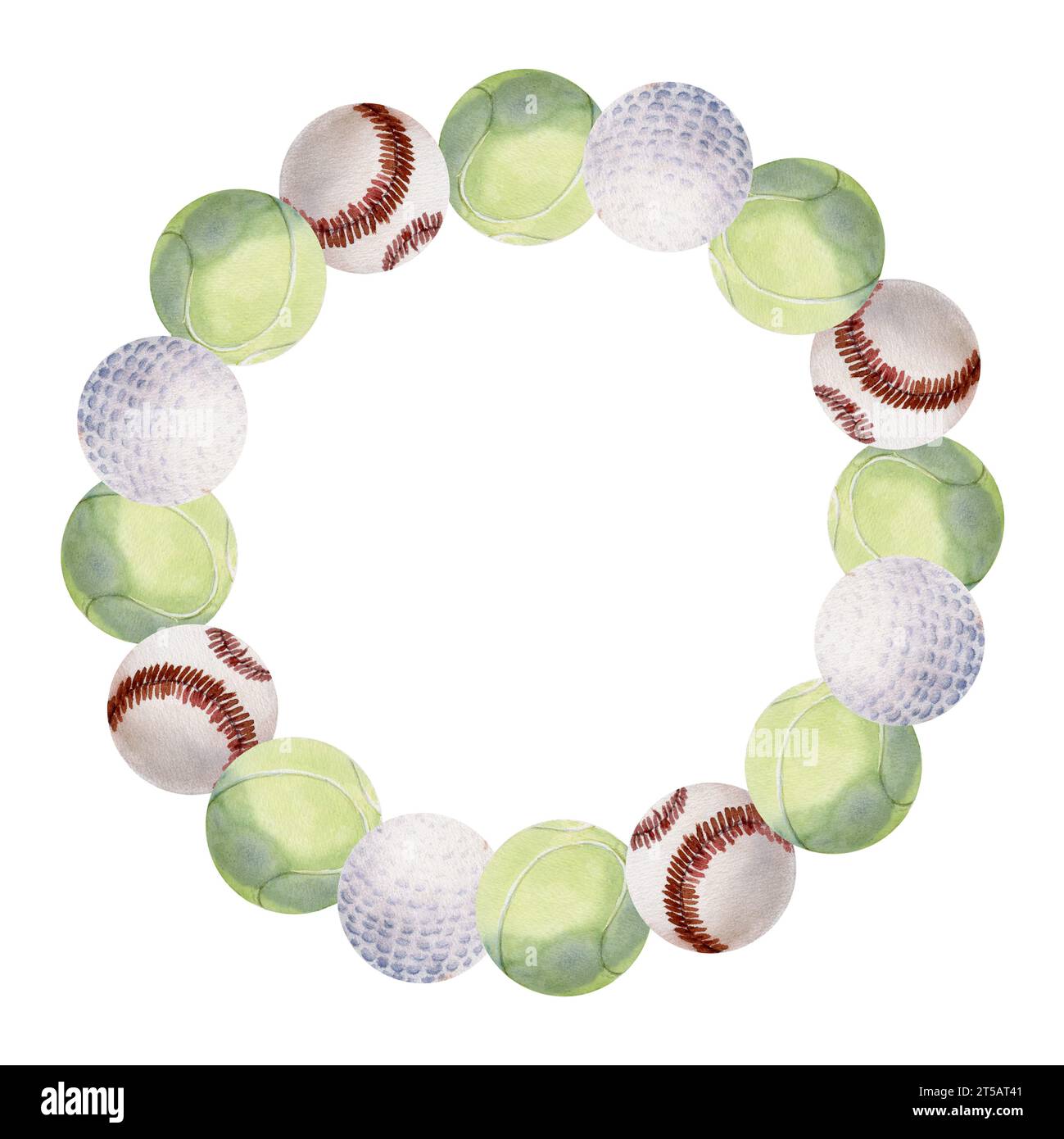 Hand drawn watercolor sports gear equipment, tennis golf baseball balls ...