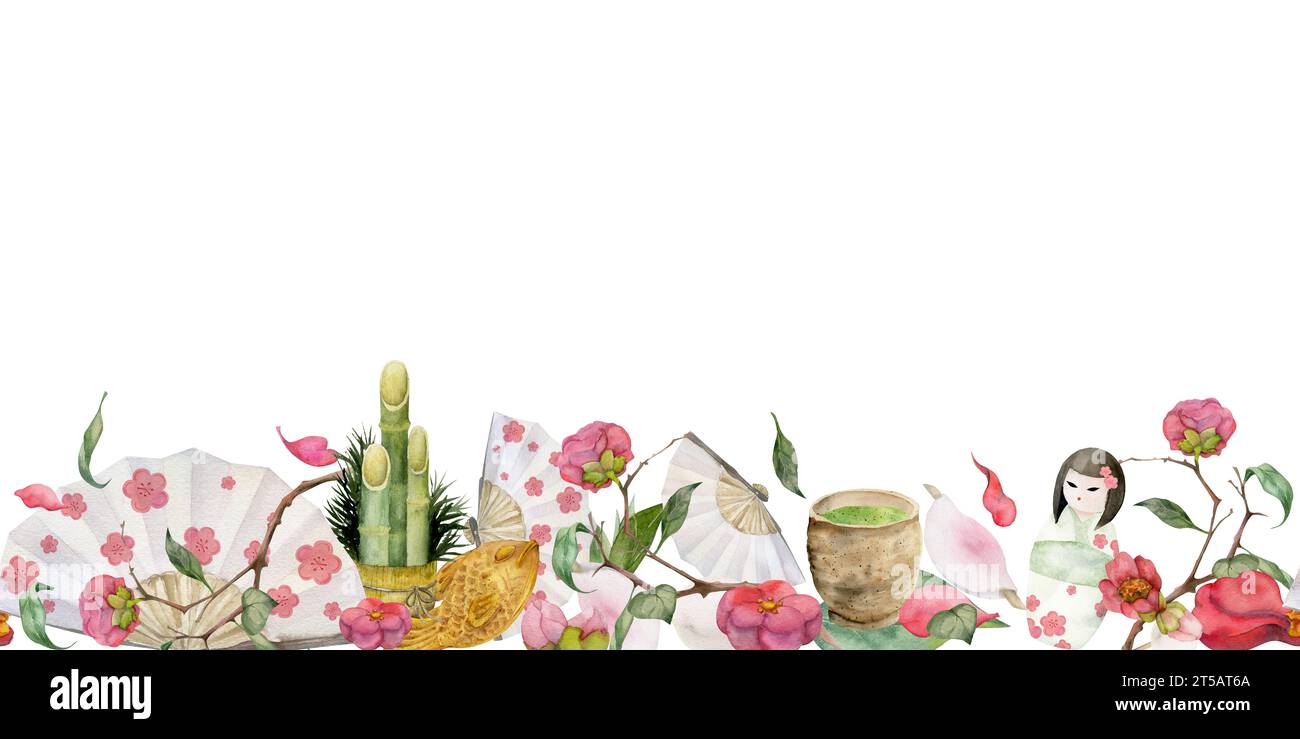 Watercolor hand drawn traditional Japanese sweets. Wide seamless border ...
