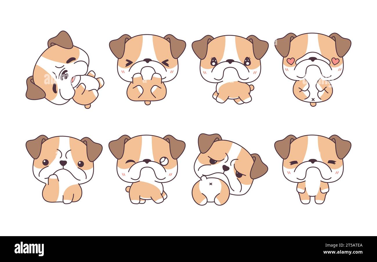 Set of Kawaii Isolated Bulldog Dog. Collection of Vector Cartoon Puppy ...