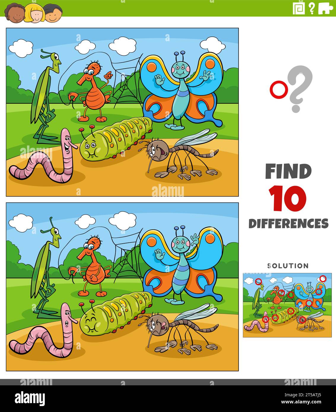 Cartoon illustration of finding the differences between pictures educational activity with ...