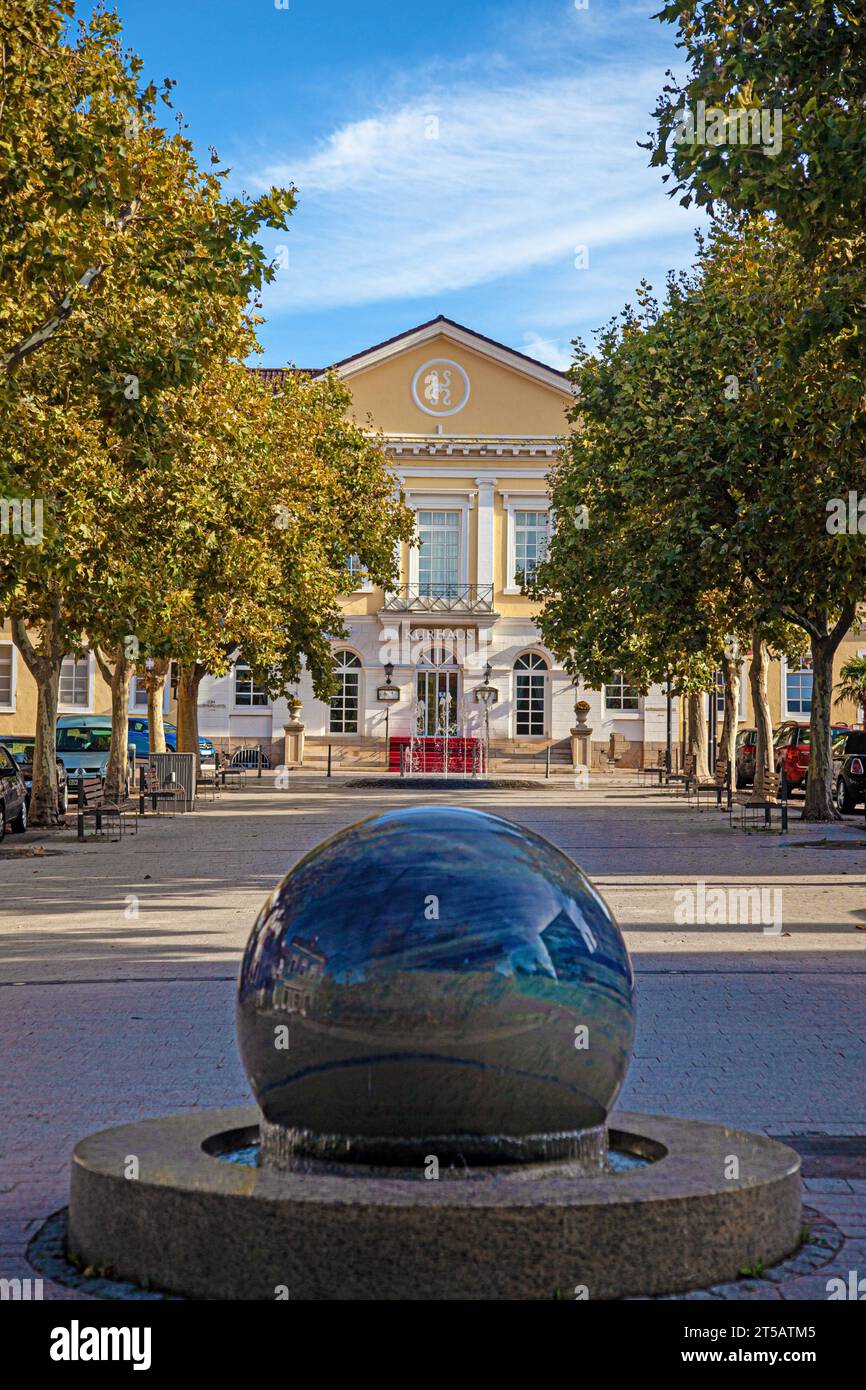 View of the entrance to the cure house in Bad Duerkheim with fountain ...