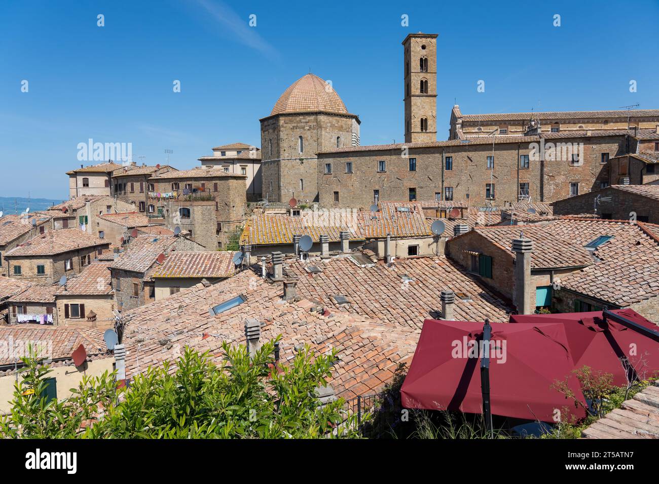 view over rooftops of a Spanish hillside village to open countryside ...