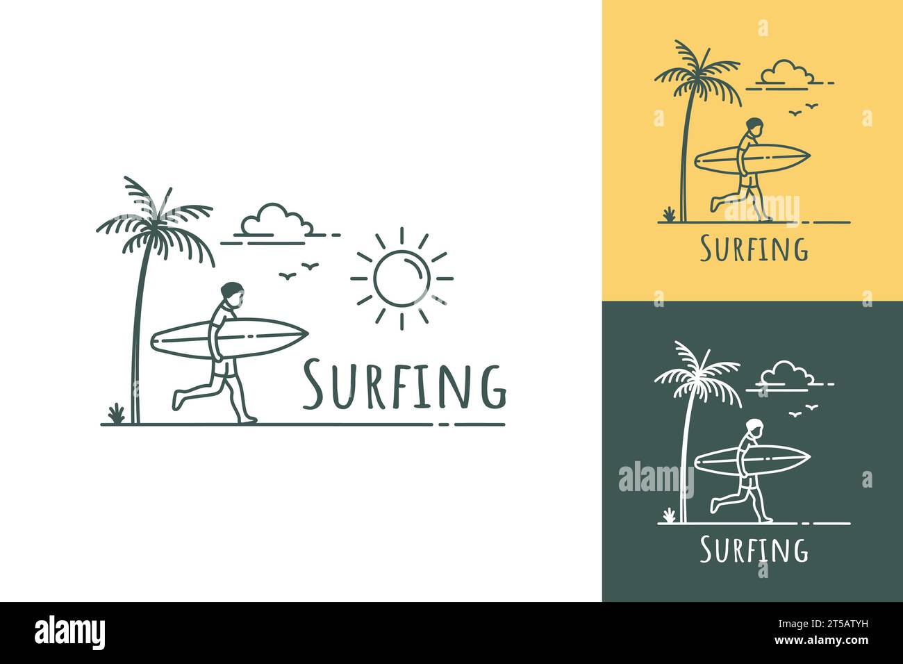Simple illustration of surfer running with surfboard on tropical beach ...