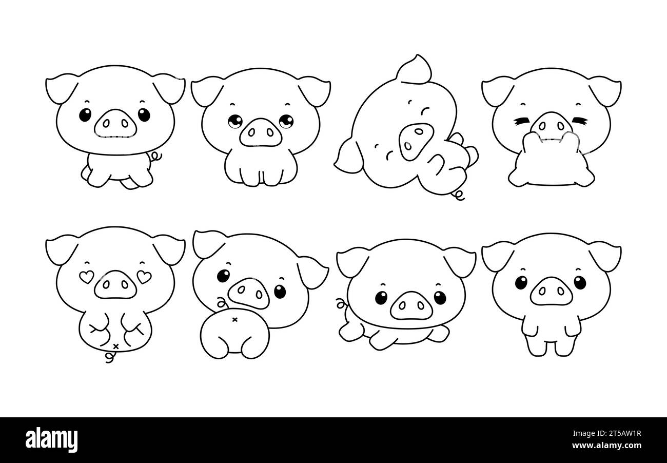 Set of Kawaii Isolated Pig Coloring Page. Collection of Cute Vector ...