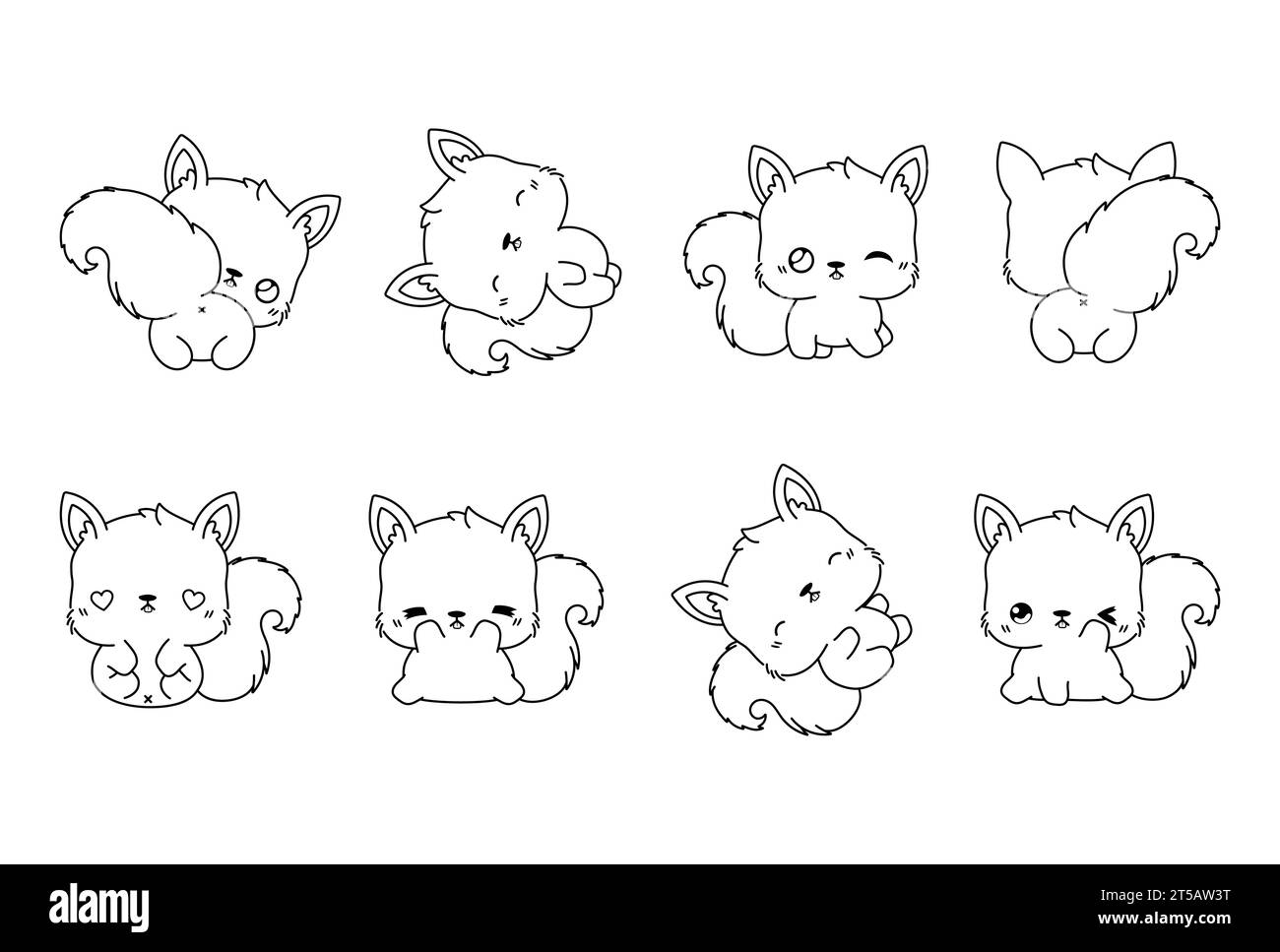 Set of Kawaii Isolated Squirrel Coloring Page. Collection of Cute ...