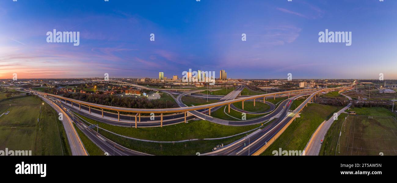 Aerial panorama picture of the Fort Worth skyline at sunrise with ...