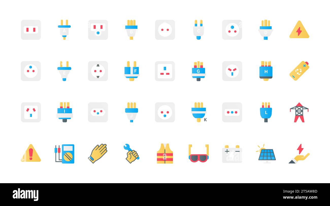 Electric Power Socket Types Flat Icons Set Vector Illustration Symbols Collection Of World