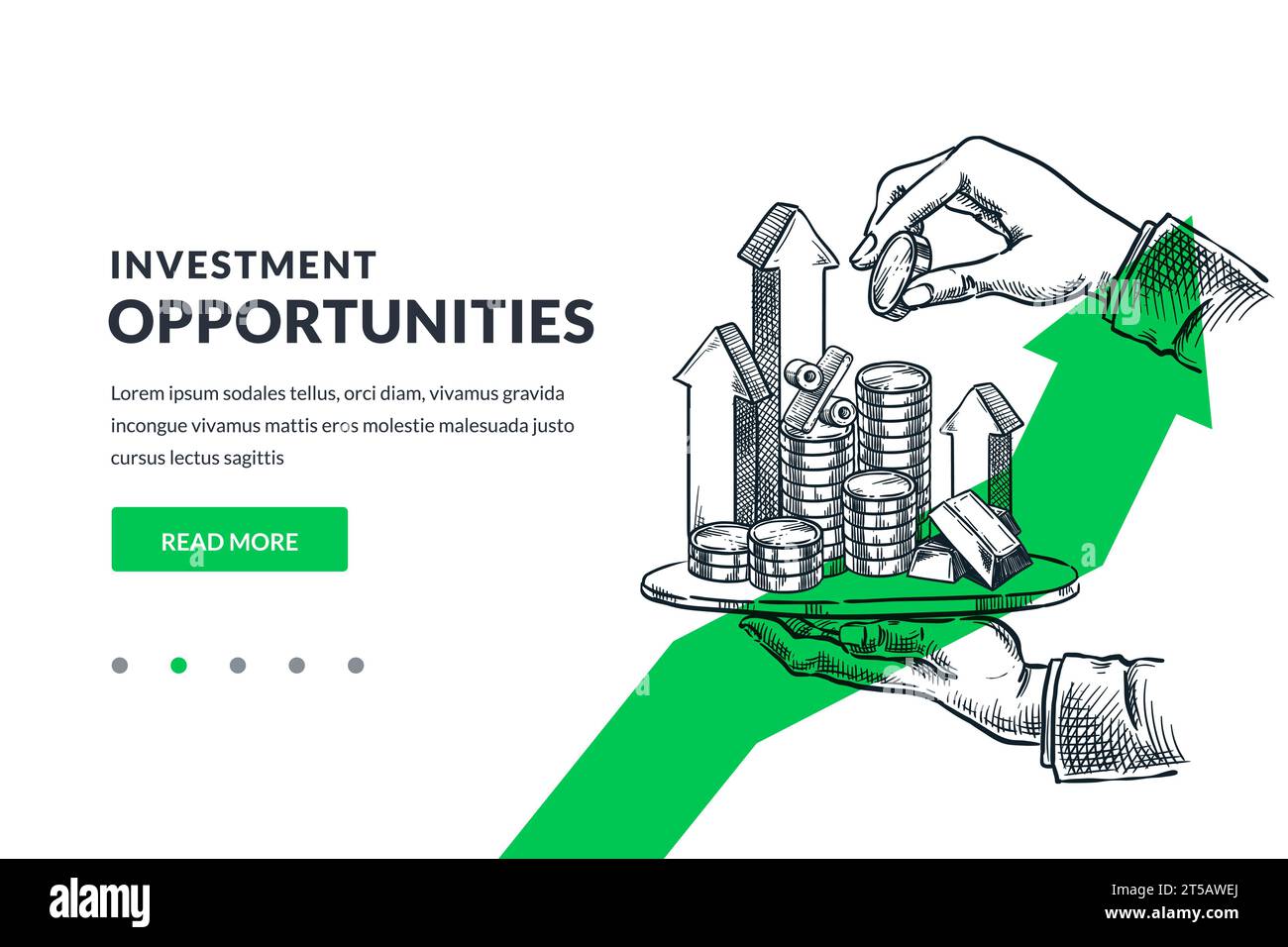 Human hand holding tray with stack of coins, gold, arrows. Hand drawn ...