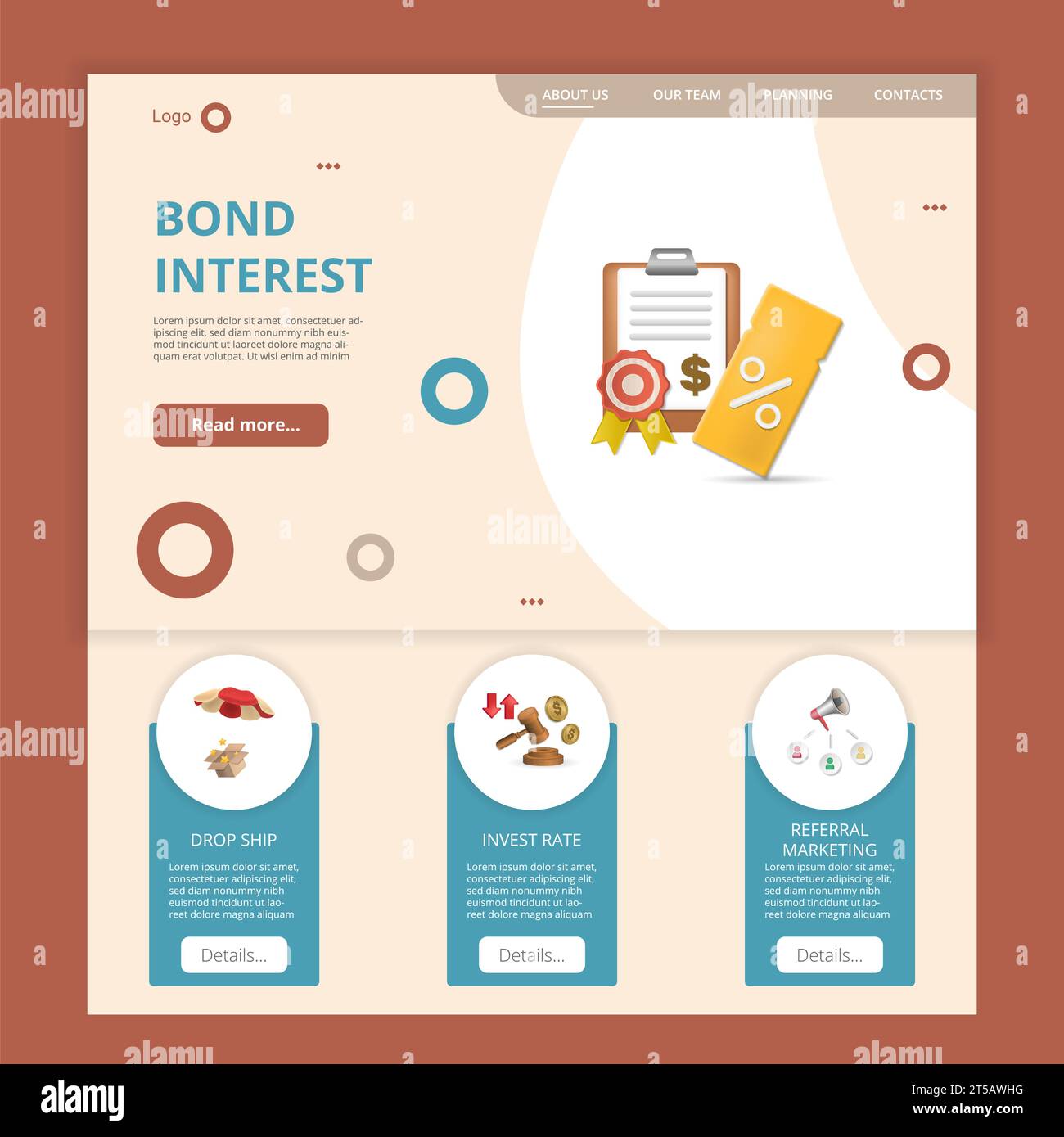 Bond interest flat landing page website template. Drop ship, invest rate, referral marketing ...
