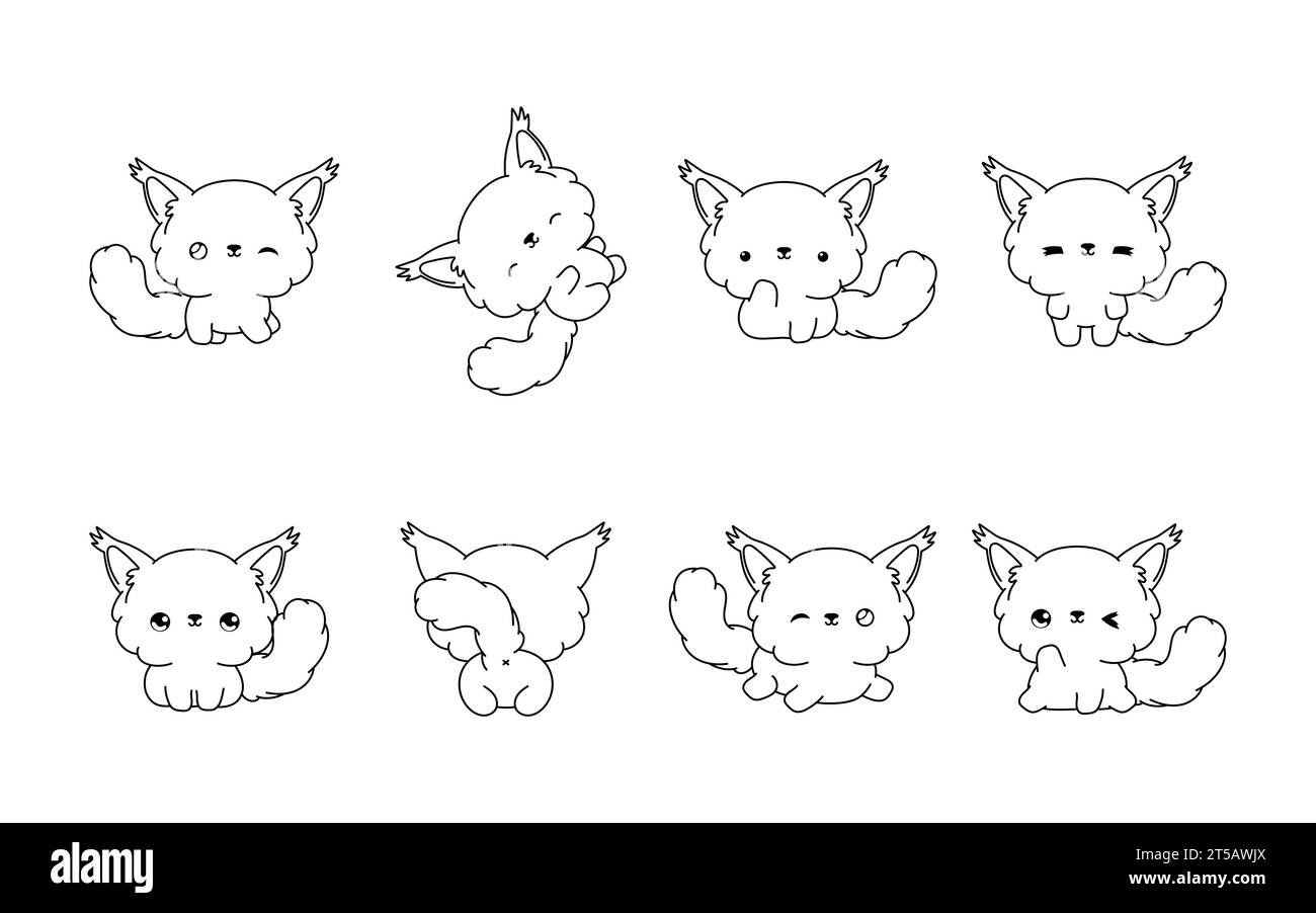 Set of Kawaii Isolated Maine Coon Cat Coloring Page. Collection of Cute Vector Cartoon Cat ...