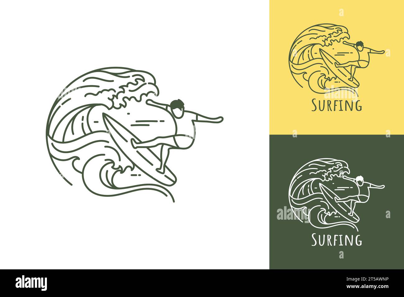 Ocean wave surfing line art logo with man surfing on rolling ocean wave ...