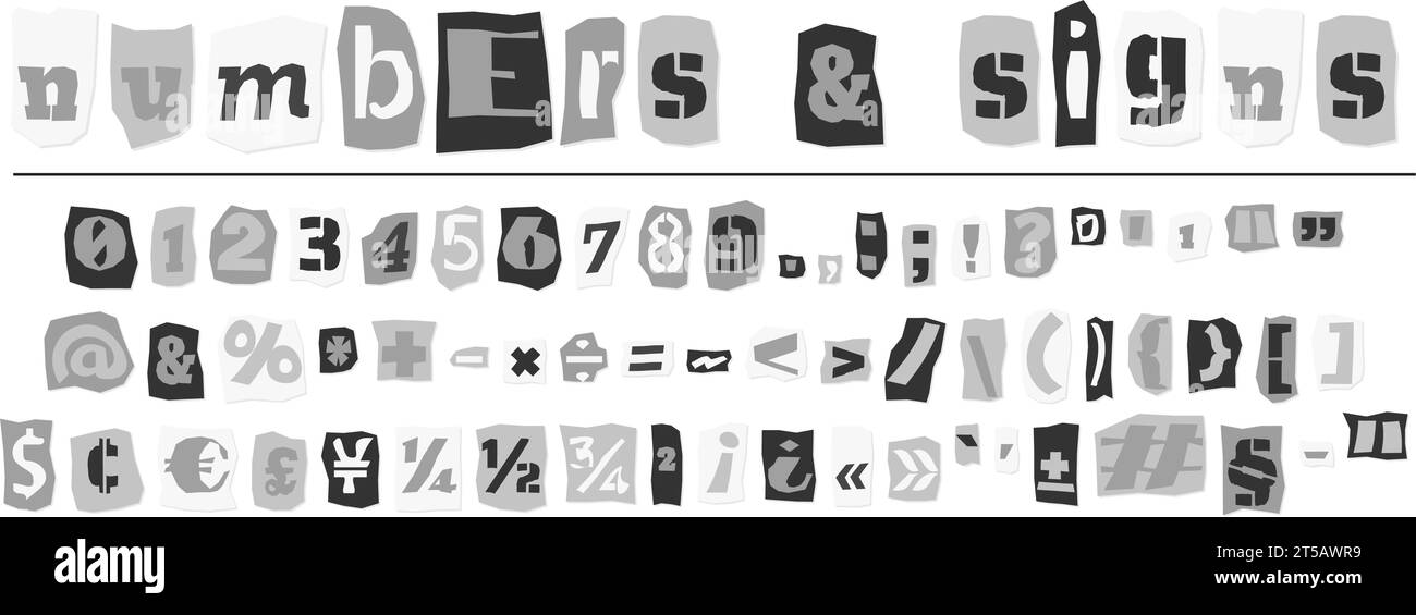Ransom halftone collage style letters numbers and punctuation marks cut ...