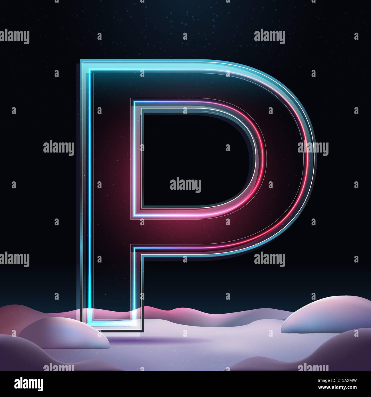 3D glass letter P with neon light insight. Big relistic letter with ...