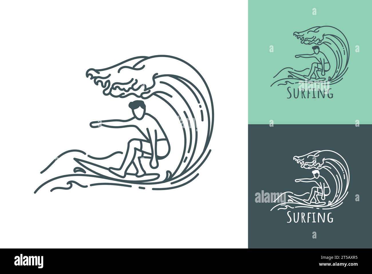 Surfing line art logo of a man surfing in a rolling ocean wave vector illustration Stock Vector ...