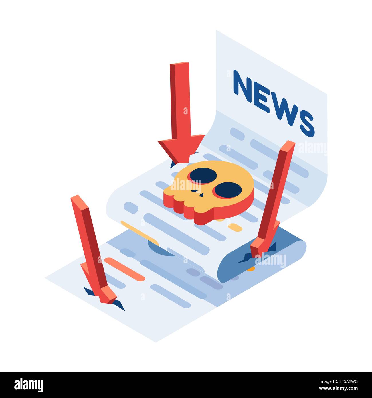 Flat 3d Isometric Newspaper with Falling Arrow and Skull. Bad News ...