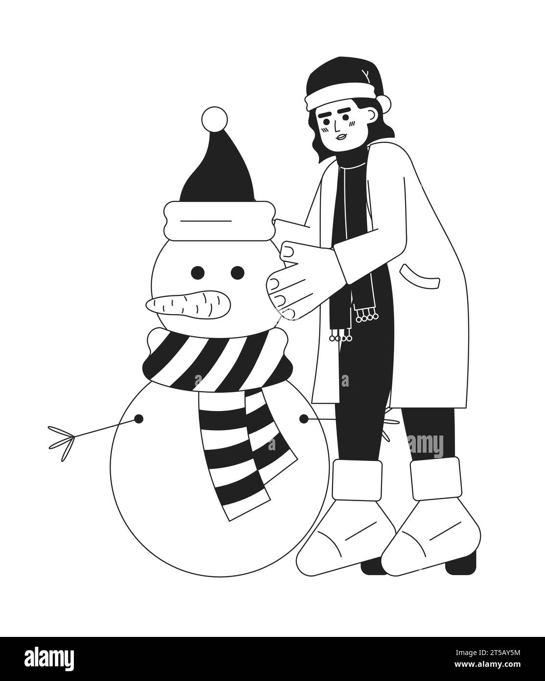 Arabic woman building snowman xmas black and white 2D cartoon character ...