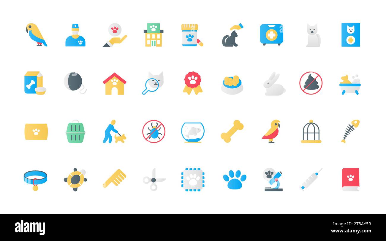 Pet care and food, vet supplies flat icons set vector illustration ...