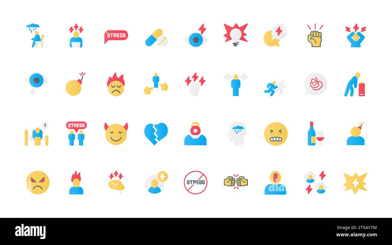 Stress flat icons set vector illustration. Symbols of anxiety and ...