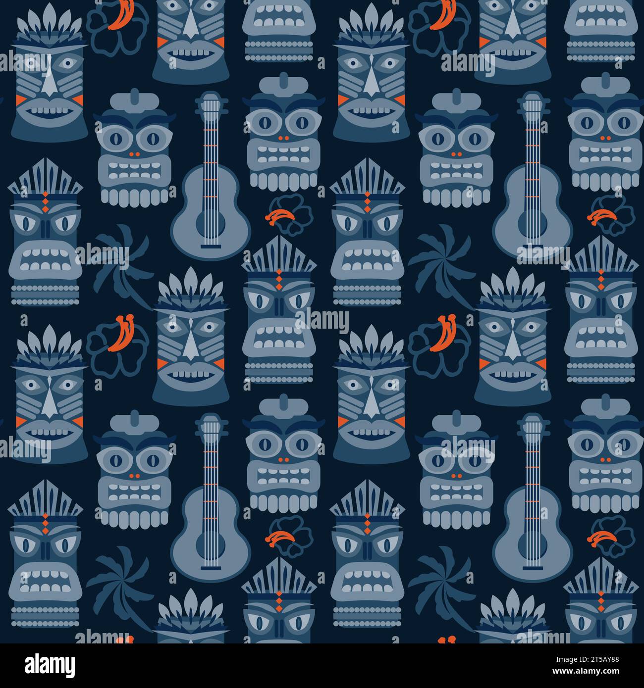 Hawaiian tribal Tiki elements, ukulele and hibiscus fabric abstract ...