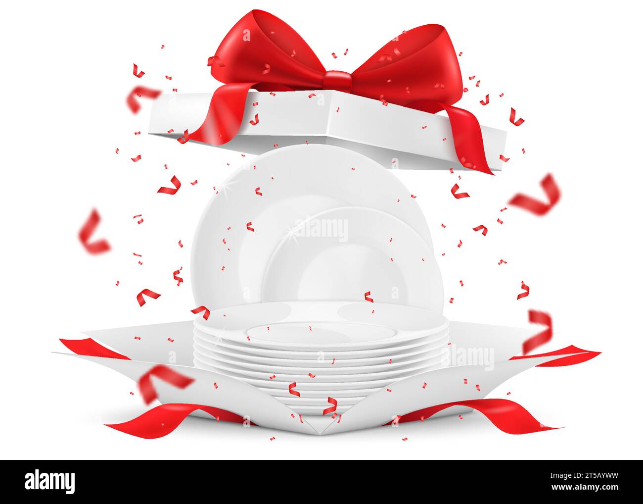 Shiny dishes and porcelain kitchen dinner plates in an open gift box ...