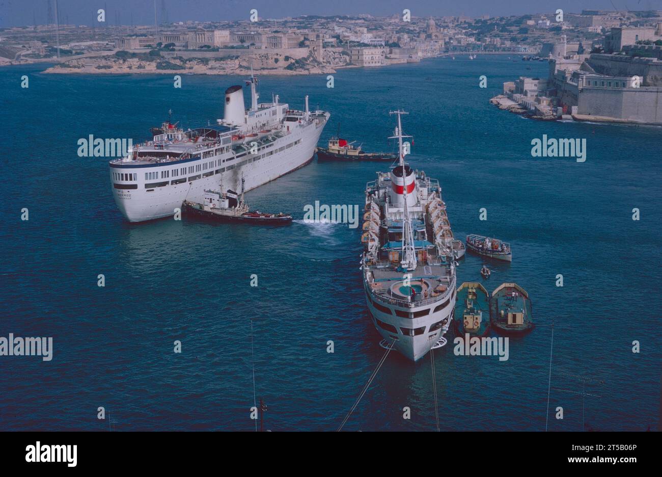 Valetta Grand Harbour Malta with cruises ships in 1971. The one on the ...