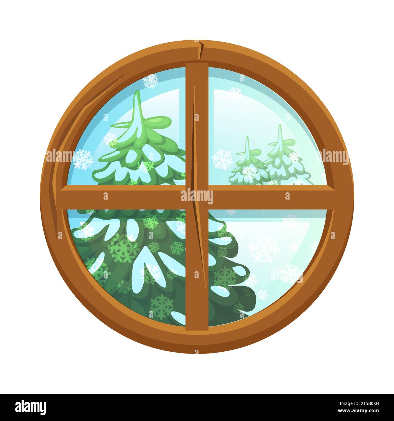 A window with a winter landscape. Snowfall and trees. Vector ...