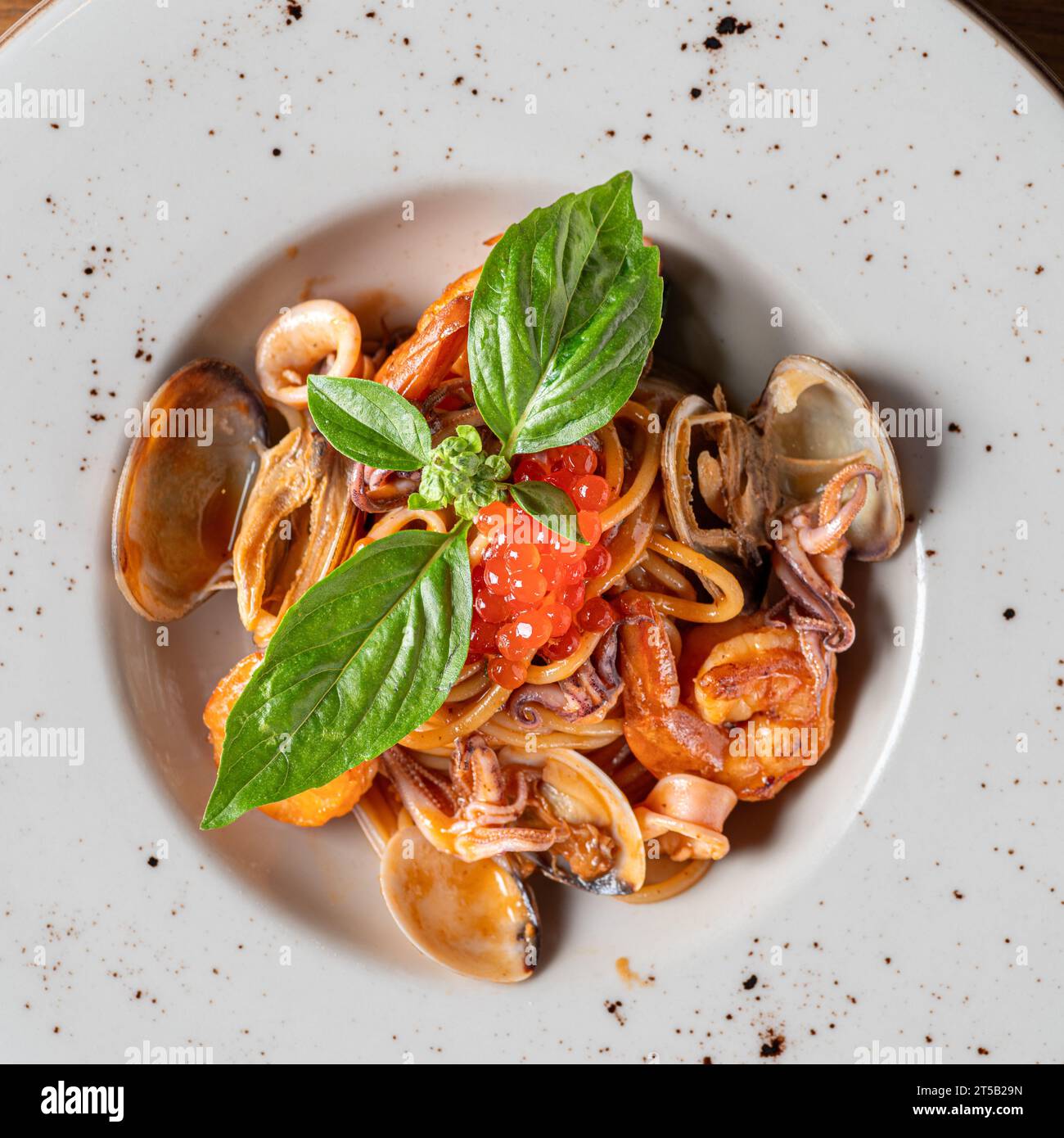 Tasty appetizing Pasta with seafood. Healthy food, close-up. Serving ...
