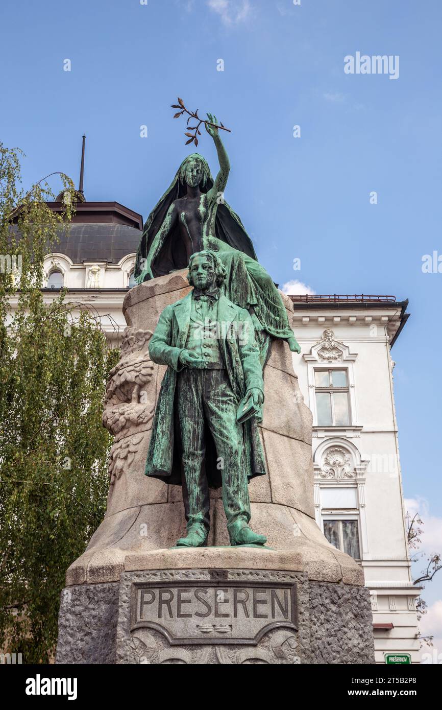 The Preseren monument, Statue of France Preseren in the central ...