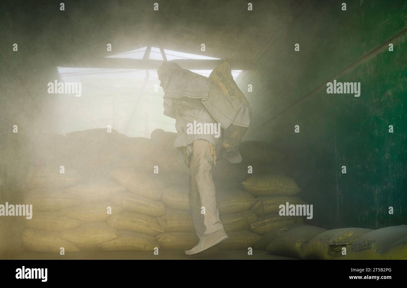 Unidentified man working in hazardous dusty conditions manually loading ...
