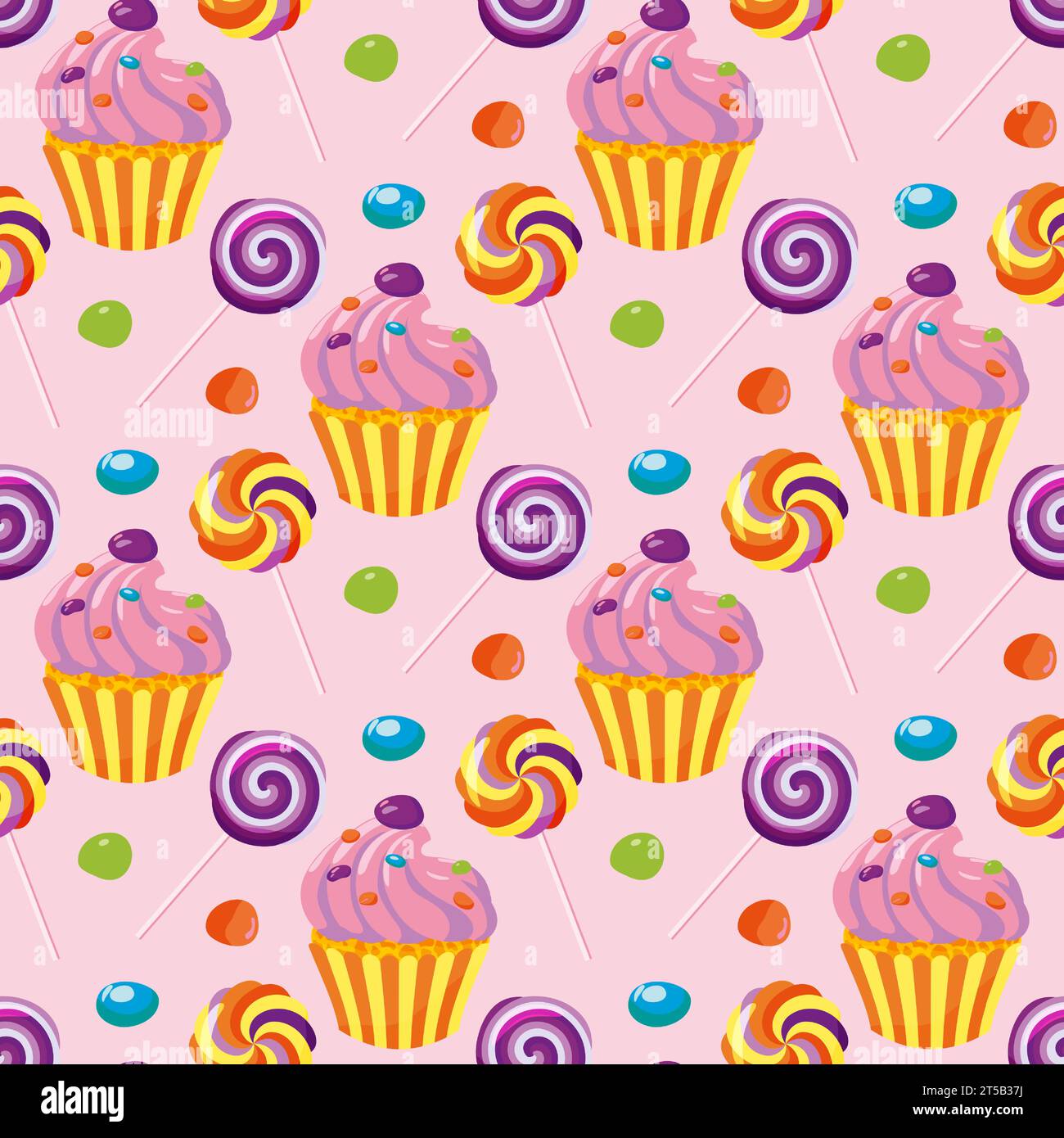 Seamless pattern of sweets, cookies and cupcakes decorated with cream. Birthday cupcakes with ...